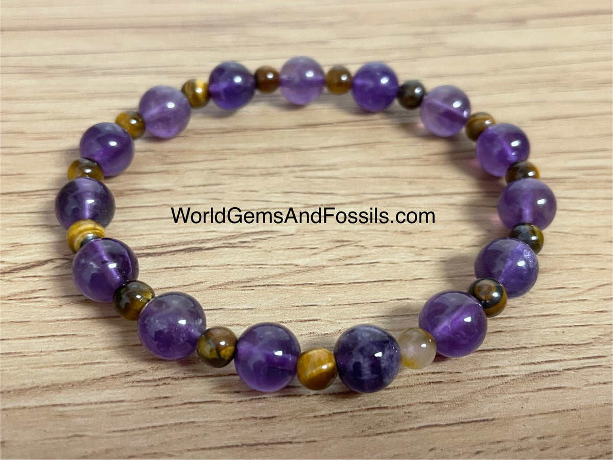 Amethyst Tiger Eye Bracelet 8mm — World Gems And Fossils